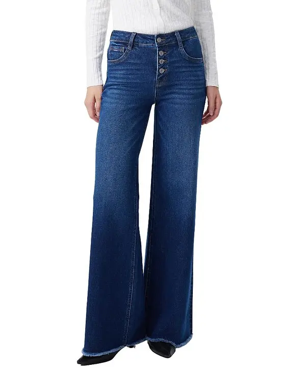 BAYEAS Mid Rise Wide Leg Denim Jeans Button Fly With Frayed Hem - Mirror