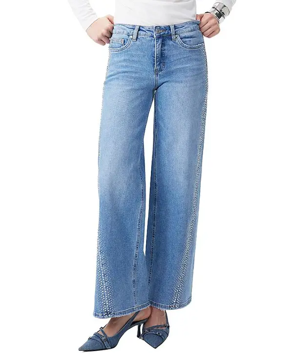 BAYEAS Mid Rise Wide Leg Denim Jeans With Rhinestone Stretch Comfortable
