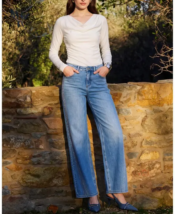 BAYEAS Mid Rise Wide Leg Denim Jeans With Rhinestone Stretch Comfortable