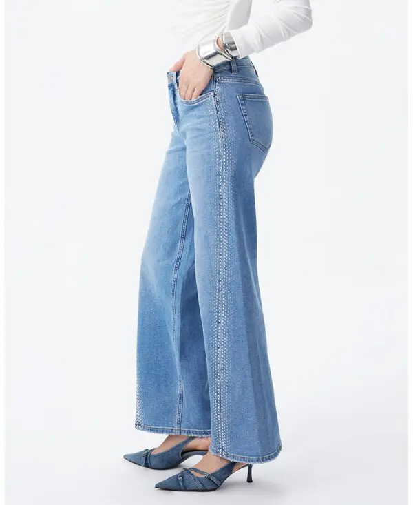 BAYEAS Mid Rise Wide Leg Denim Jeans With Rhinestone Stretch Comfortable