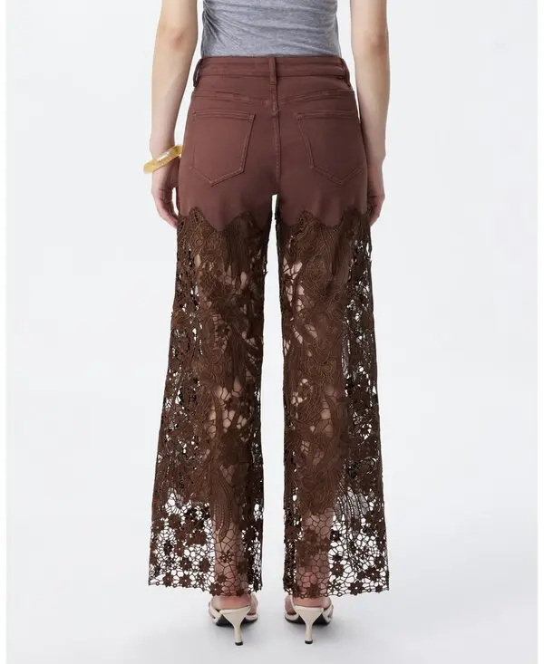 BAYEAS Embroidery High Rise Wide Leg Lace Jeans With Rhinestone