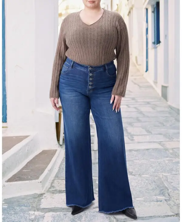 BAYEAS Plus High Rise Wide Leg With Frayed Hem Denim Jeans