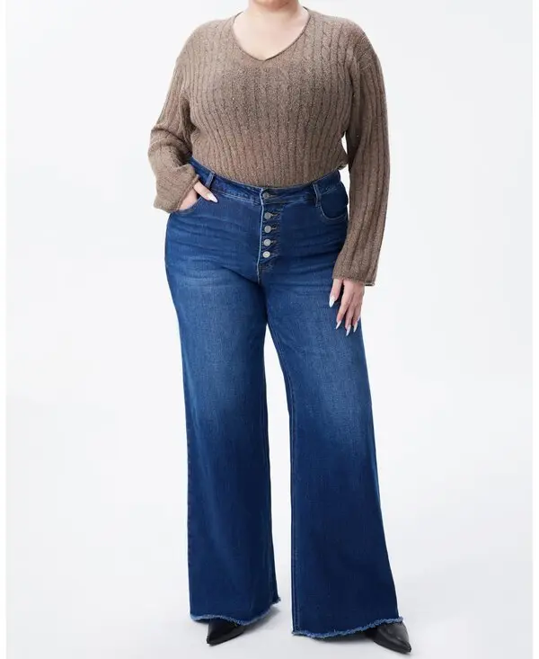 BAYEAS Plus High Rise Wide Leg With Frayed Hem Denim Jeans