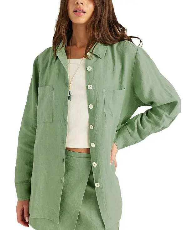 VITAMIN A Nadia Linen Button Down Shirt - Sage