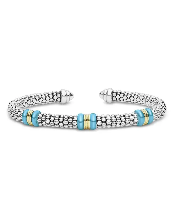 Lagos Sterling Silver & 18k Yellow Gold Caviar Cuff Bracelet - Blue