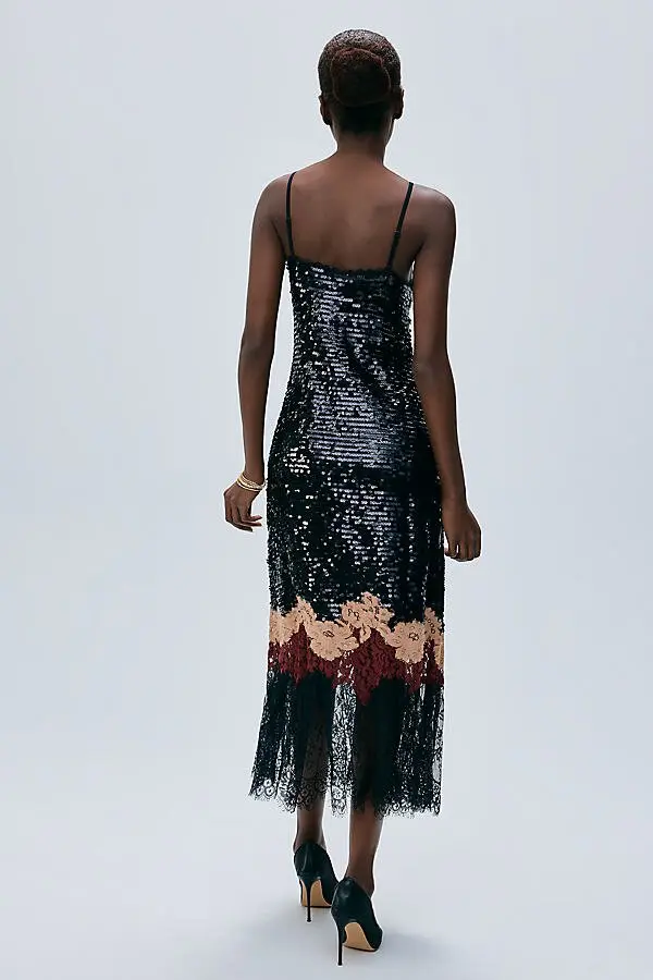 BL-NK Rebecca Sequed Lace Trim Midi Dress