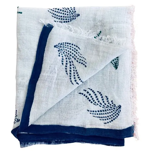 HERITAGEMODA Peacock Grace – Handwoven Organic Cotton Linen Scarf With Handblock Print - Blue