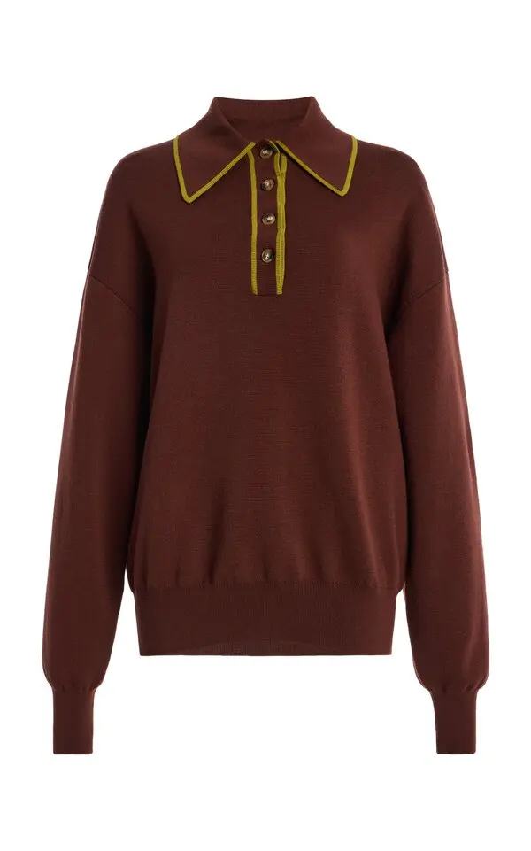 ALEMAIS Rosette Wool Polo Top - Brown
