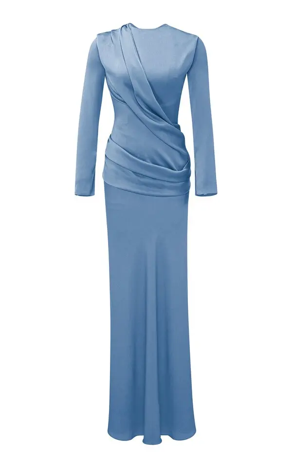 MARMAR HALIM High-neck Draped Satin Gown - Blue
