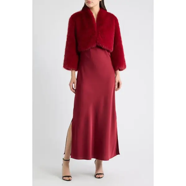 CECE DUPRAZ Satin Slip Maxi Dress & Faux Fur Jacket Set - Ruby Blush