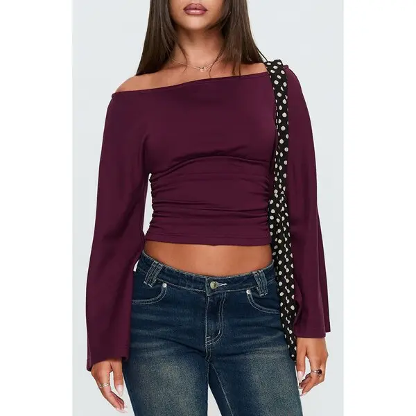 Princess Polly Anastasie Off The Shoulder Long Sleeve Top - Deep Red