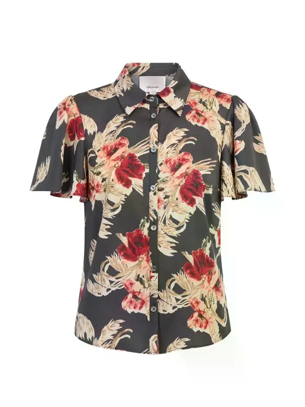 Cinq À Sept Fiona Floral-print Flutter-sleeve Shirt - Black