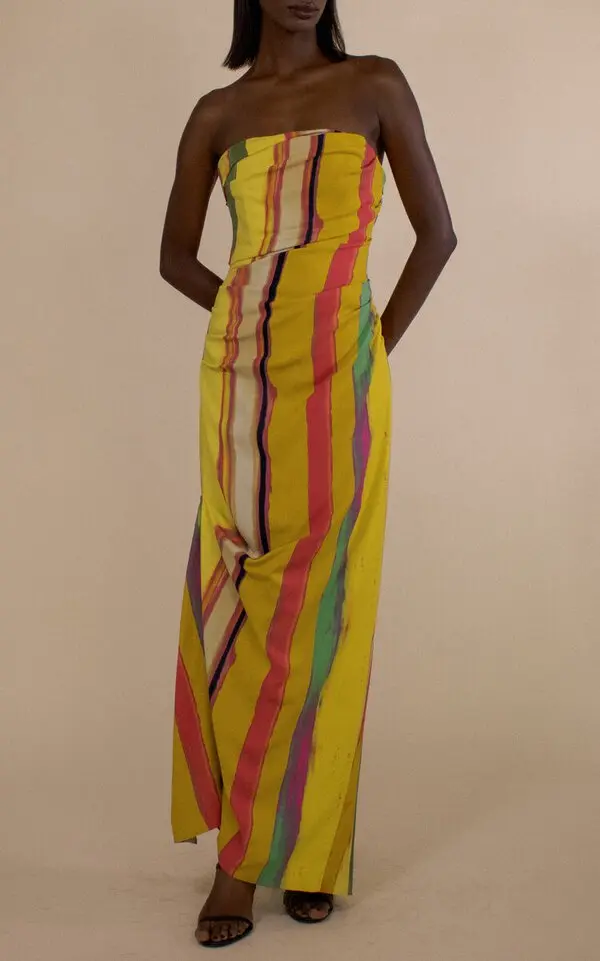 Christopher John Rogers Wheatpaste Stripe Strapless Tucked Maxi Dress
