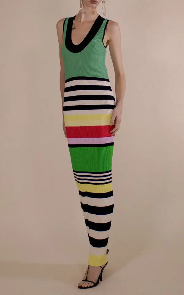 Christopher John Rogers Striped Saucer Neck Ribbed Maxi Dress