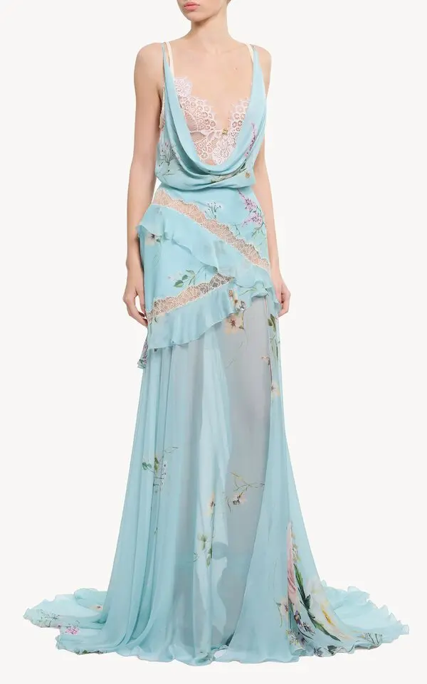 Elie Saab Printed Chiffon & Lace Midi Dress