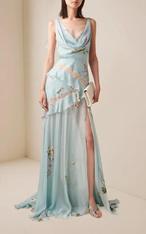 Elie Saab Printed Chiffon & Lace Midi Dress