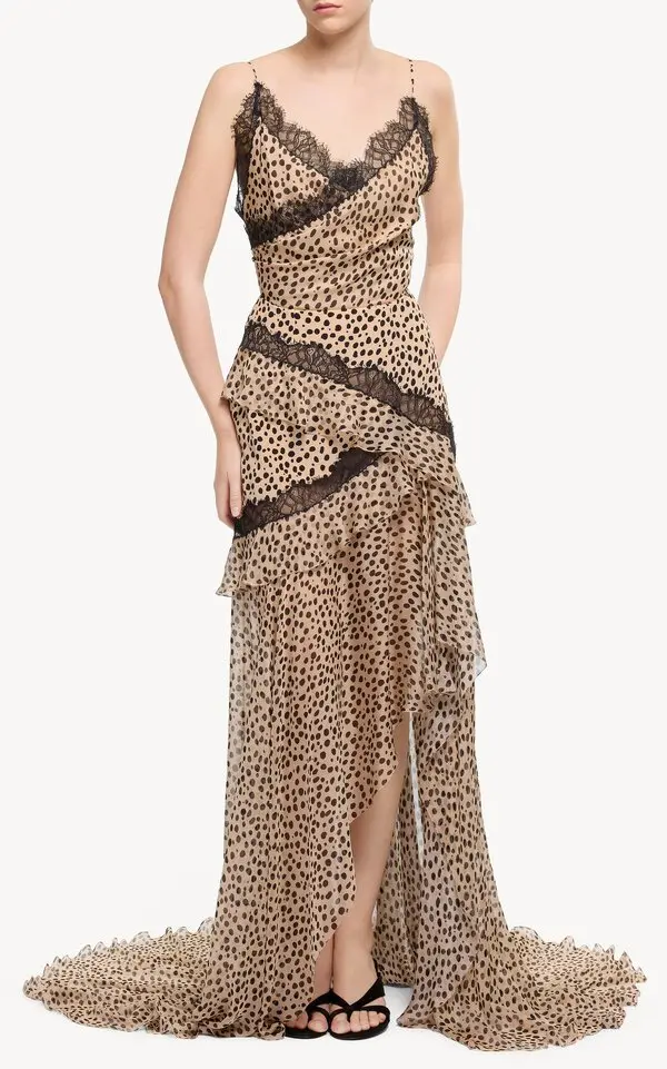Elie Saab Printed Chiffon & Lace Midi Dress - Brown