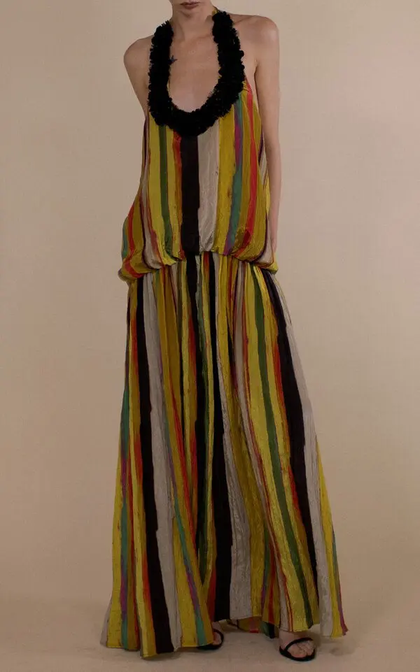 Christopher John Rogers Encrusted Wheatpaste Stripe Blouson Halter Gown