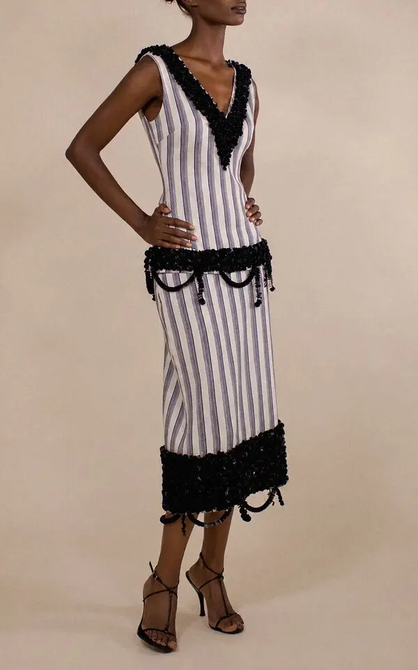 Christopher John Rogers Encrusted Jacquard Stripe V-neck Top