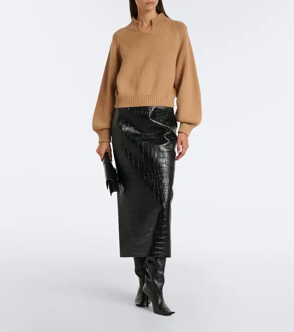Khaite Loxley Croc-effect Leather Midi Skirt