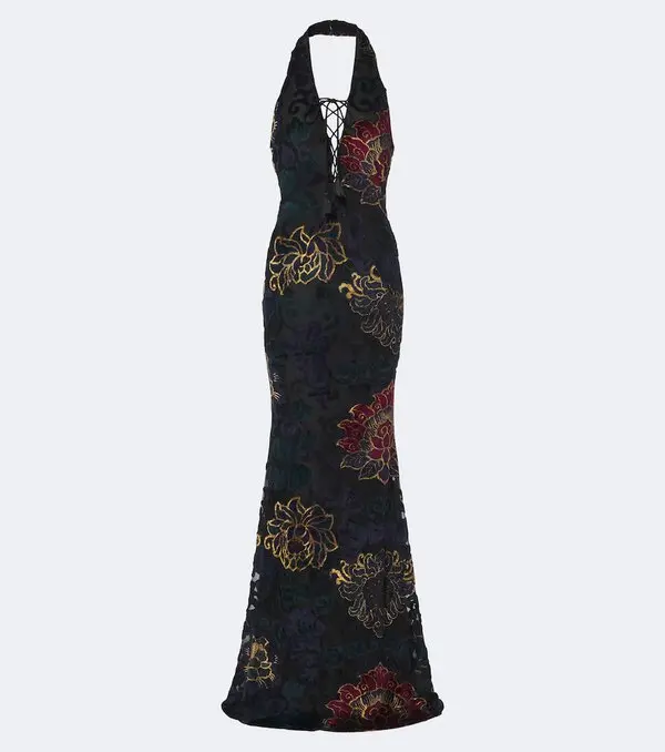 Etro Floral Jacquard Jersey Halterneck Gown - Multicoloured