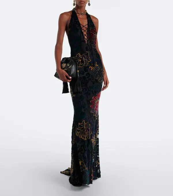 Etro Floral Jacquard Jersey Halterneck Gown