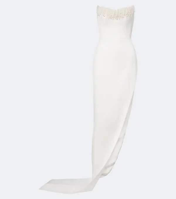 David Koma Beaded Fringed Strapless Bustier Gown - White