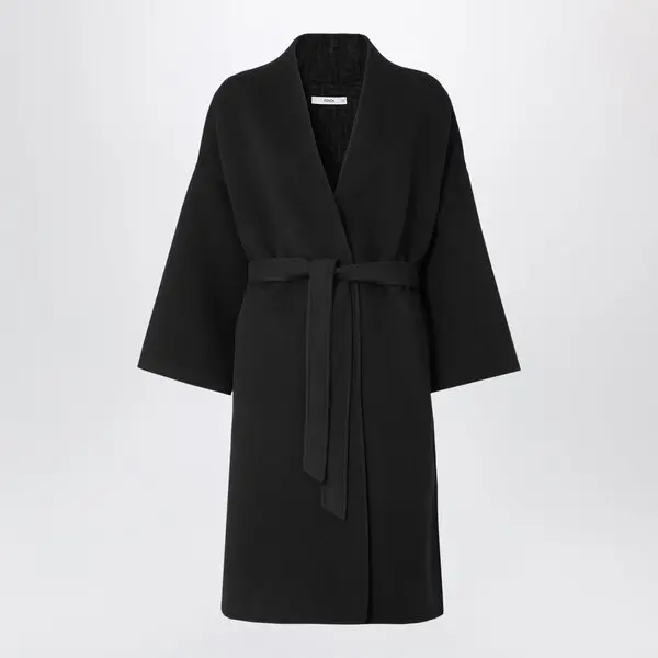 Fendi Ff Zucca Double-faced Wool Midi Coat With Kimono-inspired Wrap Design - Black