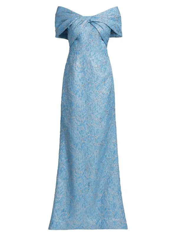 Rickie Freeman For Teri Jon Metallic Jacquard Twist Off-the-shoulder Gown - Blue Multi