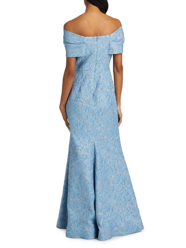 Rickie Freeman For Teri Jon Metallic Jacquard Twist Off-the-shoulder Gown