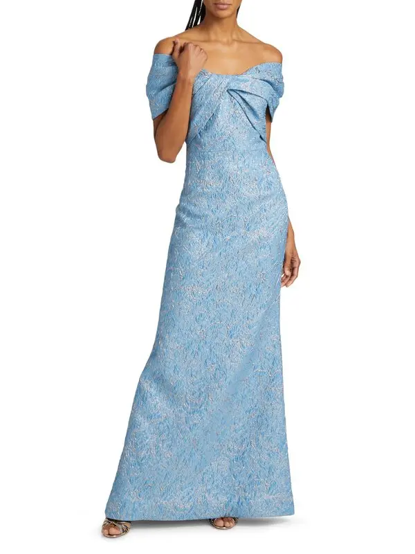 Rickie Freeman For Teri Jon Metallic Jacquard Twist Off-the-shoulder Gown
