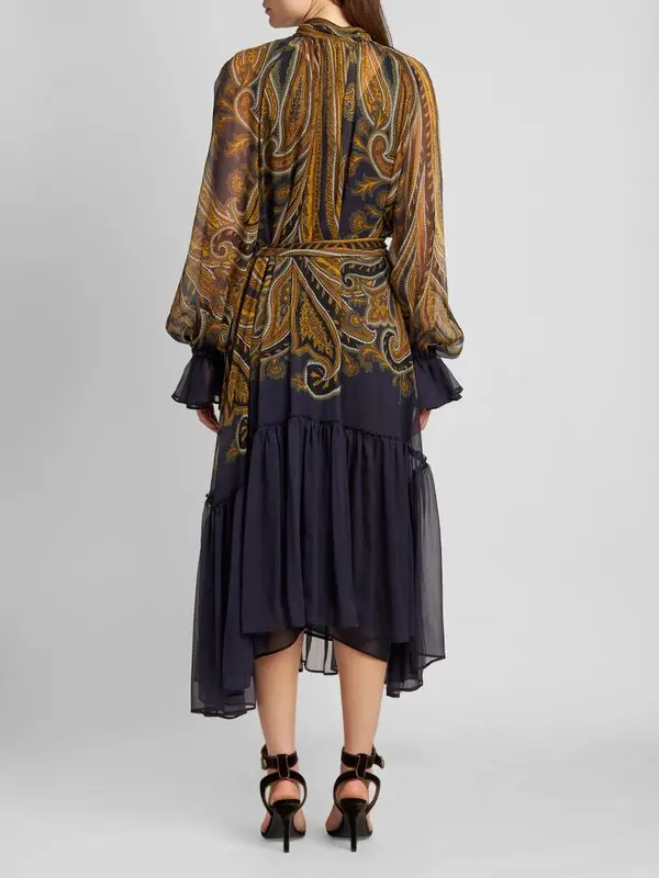 Etro Paisley Silk Tieneck Midi Dress