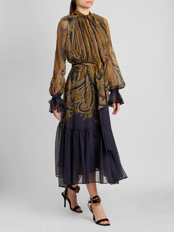 Etro Paisley Silk Tieneck Midi Dress