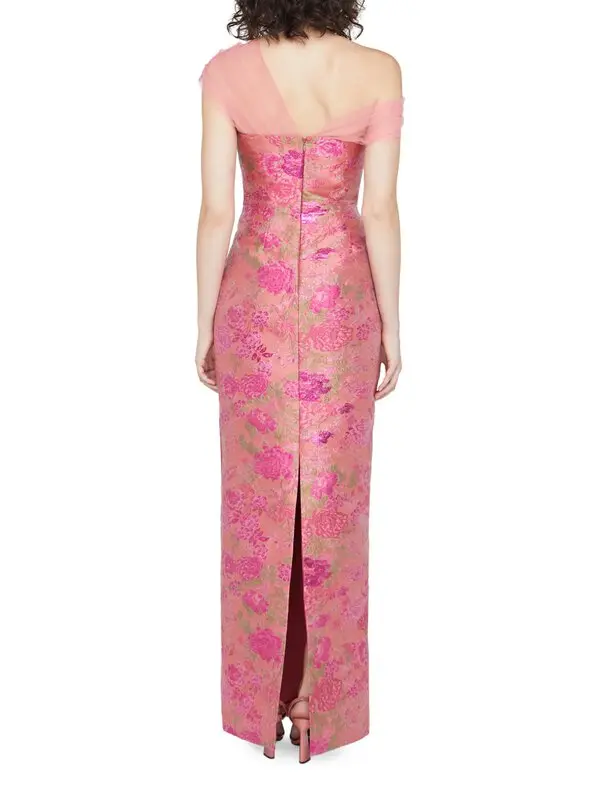Theia Beverly Draped Floral Column Gown