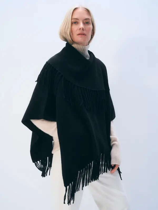 WHITE & WARREN Cashmere Blend Fringe Poncho - Black