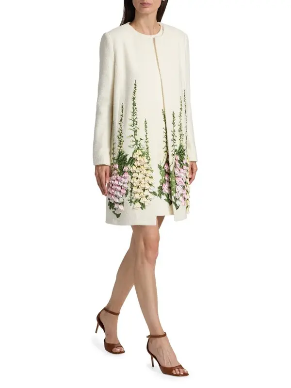 Oscar De La Renta Foxglove-embroidered Tweed Coat