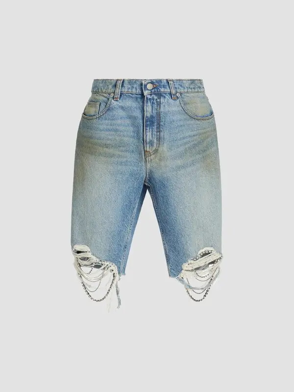 AREA Crystal Fray Jean Shorts - Medium Blue
