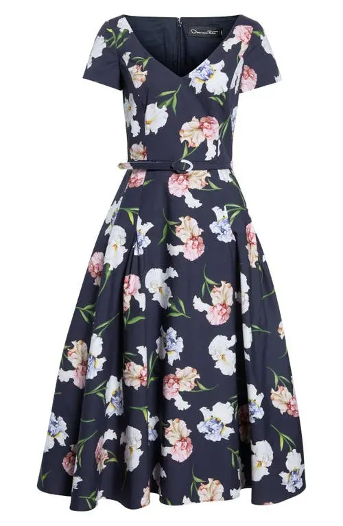 Oscar De La Renta Floral Stretch Cotton Poplin Midi Dress - Navy Multi
