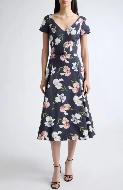 Oscar De La Renta Floral Stretch Cotton Poplin Midi Dress - Navy Multi