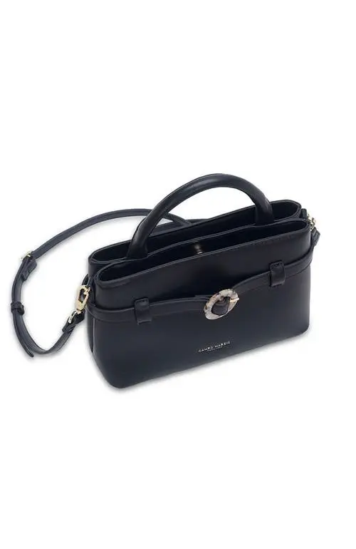 CAMPO MARZIO ROMA 1933 Sway Structured Satchel Handbag With Top Handle Crossbody Strap & Decorative Buckle - Black