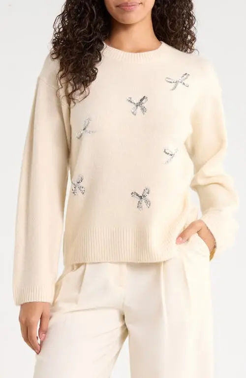 CECE DUPRAZ Sequin Bow Crewneck Sweater - Birch