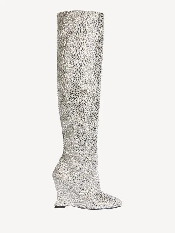 Balmain Wedge Thigh-high Satin Boots With Crystals - Silver