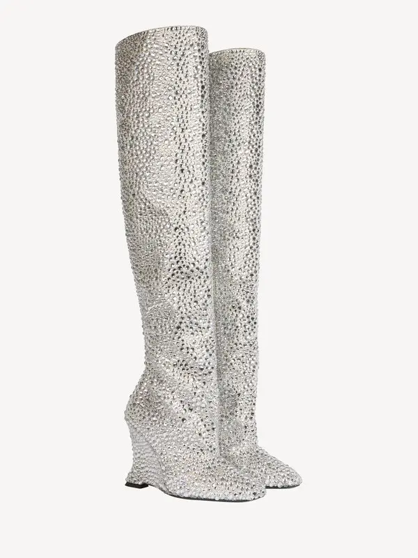 Balmain Wedge Thigh-high Satin Boots With Crystals
