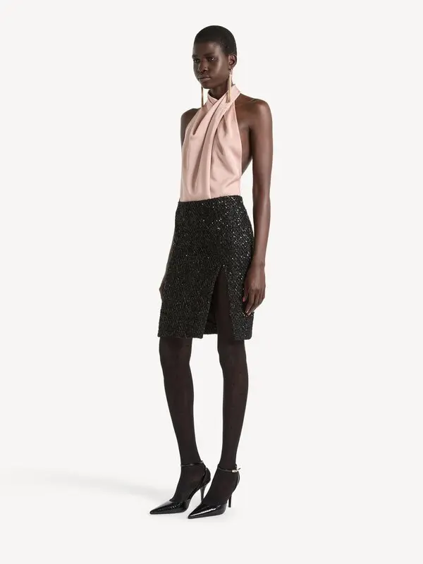 Balmain Sequinned Tweed Midi Skirt - Black