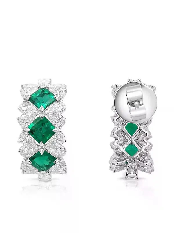 HYT JEWELRY Emerald And Diamond Hoop Earrings - Silver