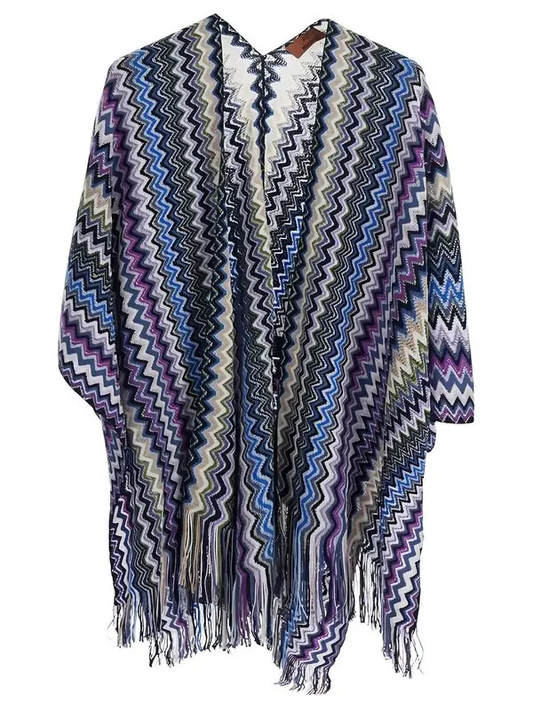 Missoni Zig-zag Knit Poncho With Fringe - Blue