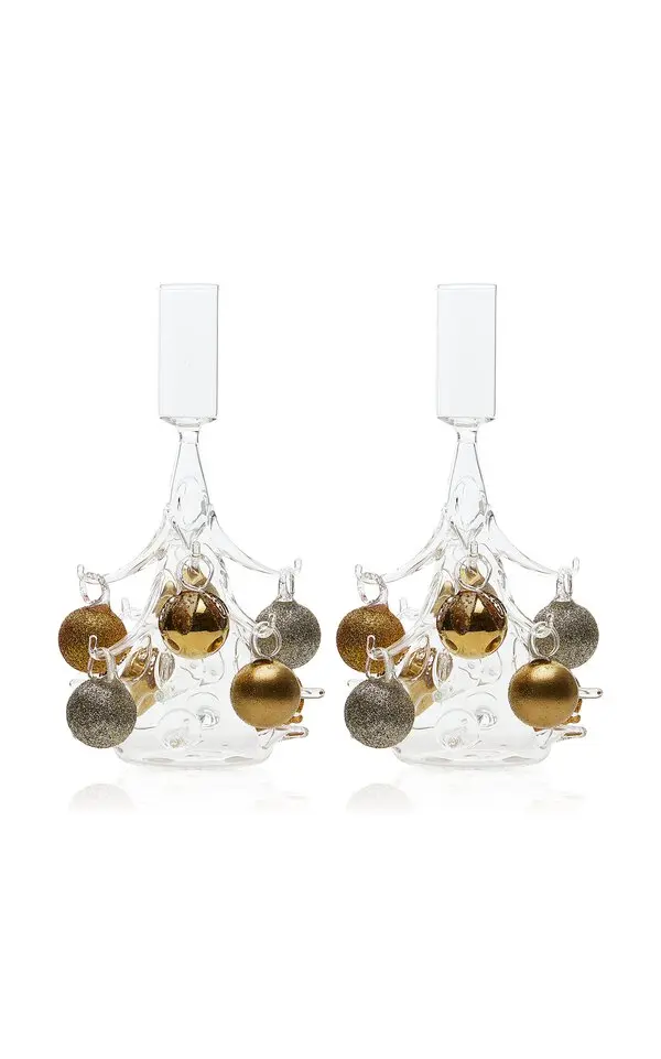 MODA DOMUS Set-of-two Handmade Glass Christmas Tree Candlesticks
