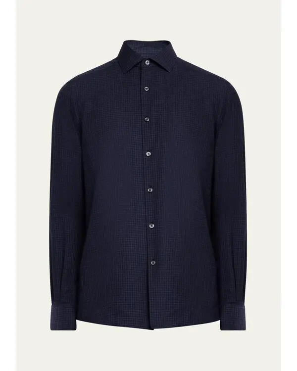 Zegna Cotton And Cashmere Check Casual Button-down Shirt - Dark Blue