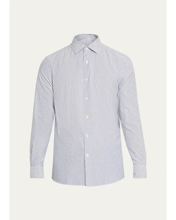 Zegna Cotton And Cashmere Pinstripe Modern-fit Sport Shirt - Blue