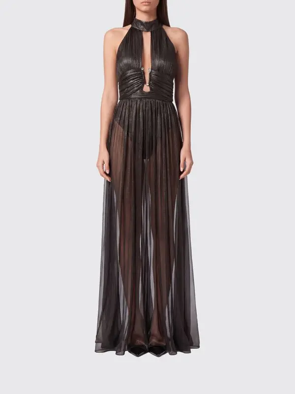 Philipp Plein Long Evening Gown In Chiffon With Halterneck And Off-the-shoulder Design - Silver